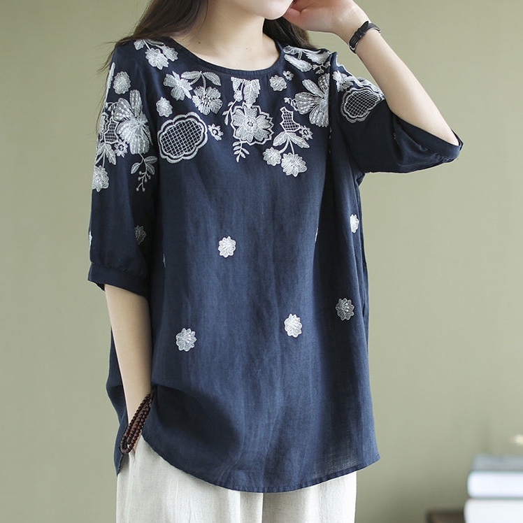 Blouse Women's Cotton Short Sleeve Shirt Summer Embroidery Casual Tops ...