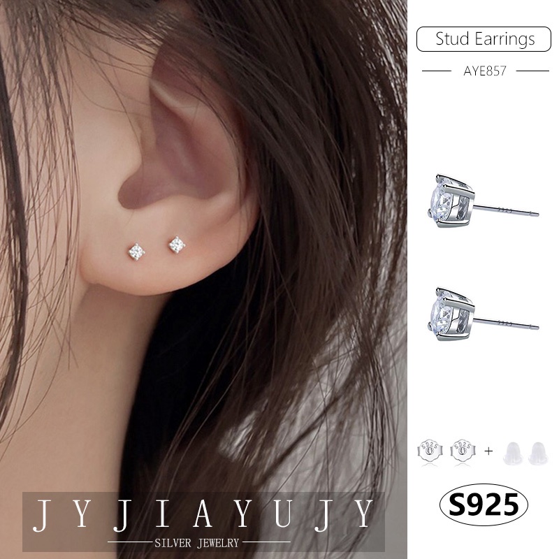 JYJIAYUJY In Stock 100%Sterling Silver S925 Earrings Stud Earrings Four Claws 2.5MM White Zircon ...