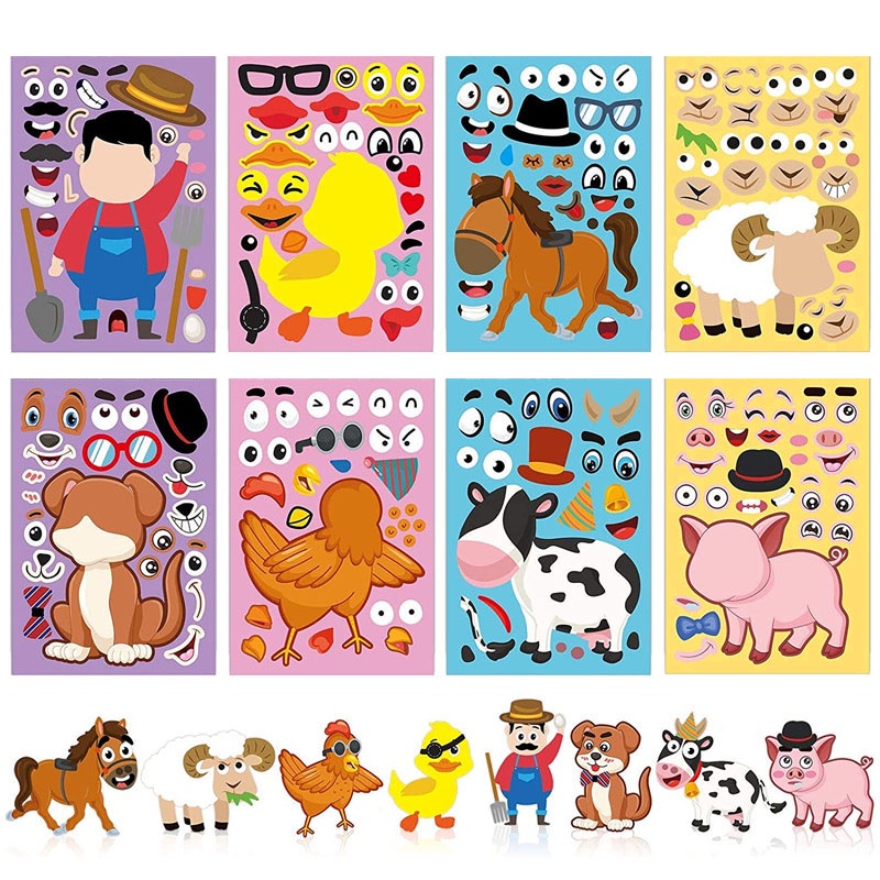 8 Sheets Puzzle Games Kids Stickers DIY Funny Make A Face Dinosaur ...