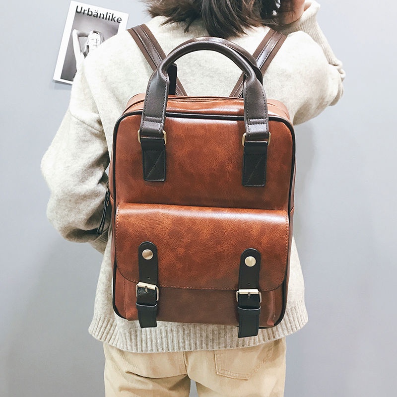 British Style Vintage Backpack Female Influencer Soft Leather Computer ...