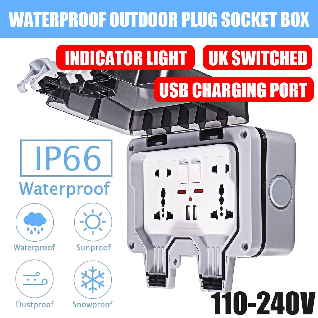 IP66 13A Weatherproof Outdoor BOX Wall Socket Double Universal / UK ...
