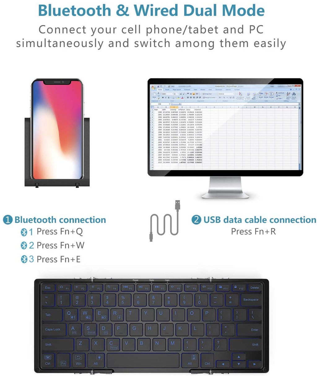 iClever BK05 Bluetooth Keyboard with 3-Color Backlight, Bluetooth 5.1 ...