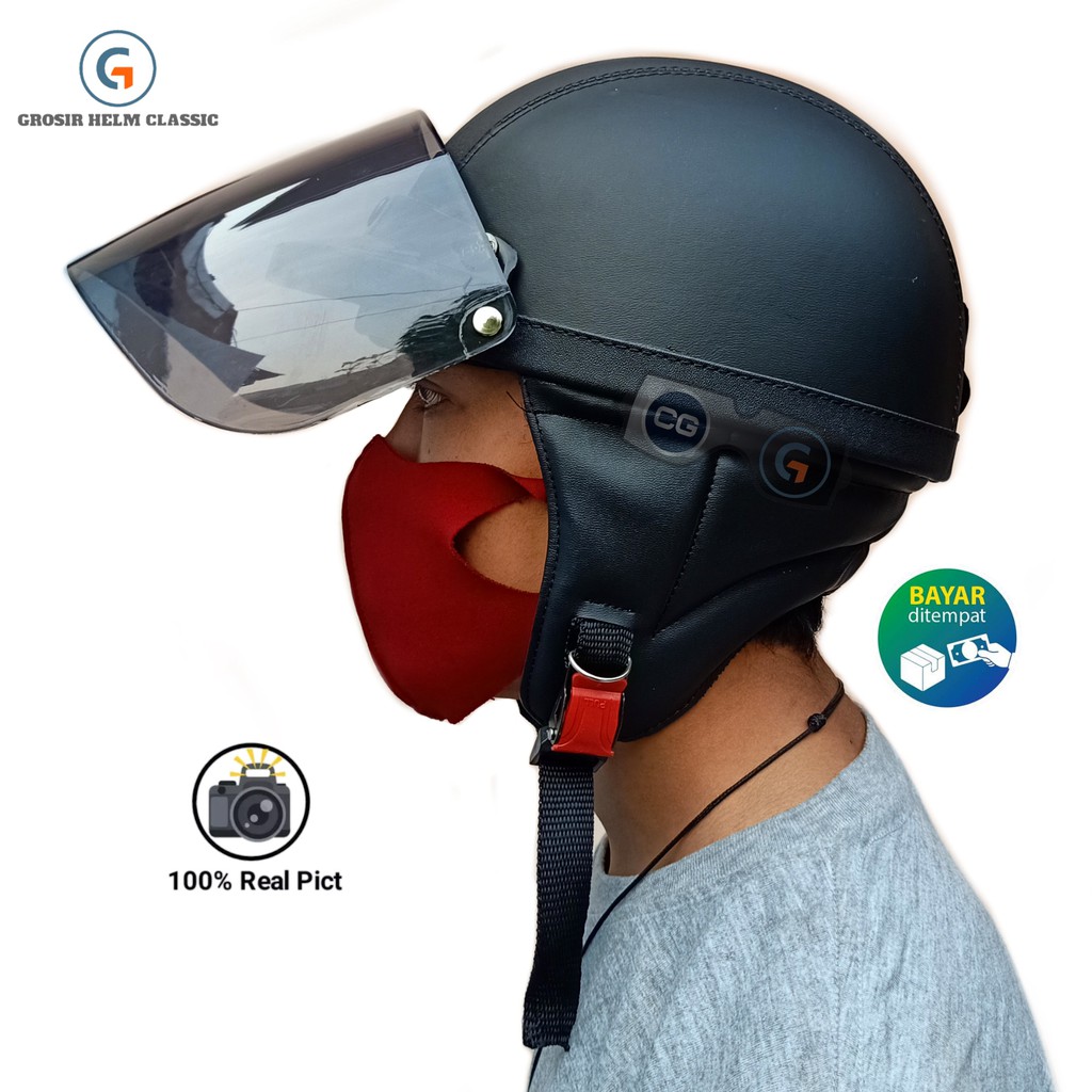 HITAM Helmet retro chips Black Leather Combination Of FLAT Or FLAT ...