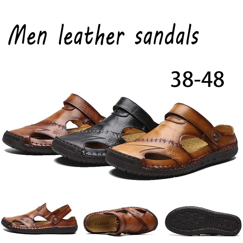 38-48 Men's Summer Hand Stitching Shoes Leather Hollow Casual Sandals ...