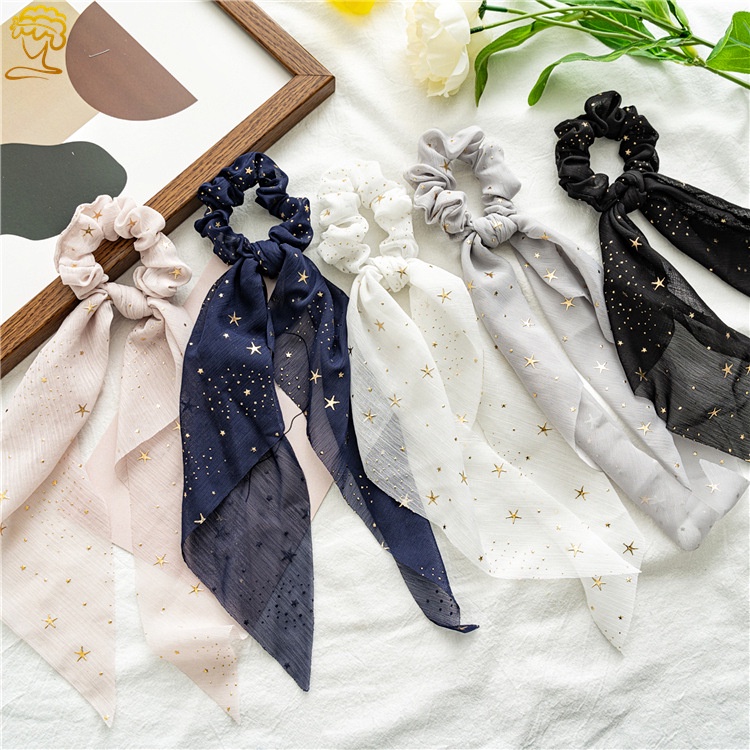 New Chiffon Bow Hair Rope Long Streamer Hair Tie Female Starry Sky ...