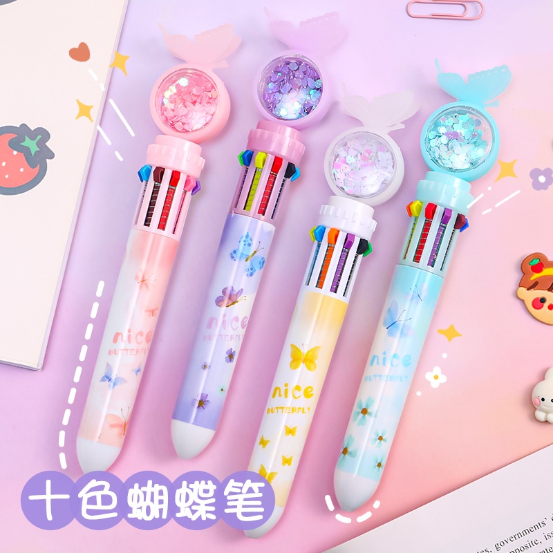 10-color butterfly ballpoint pen student sequin ten-color in one press ...
