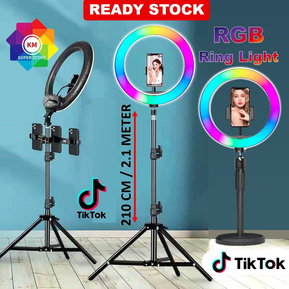 RGB Ring Light 2.1 Meter Tripod Stand Colorful Lampu Live Selfie Tiktok ...