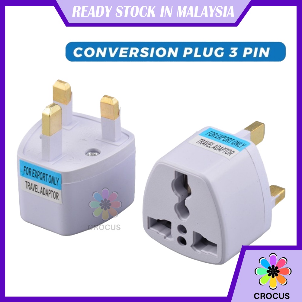 CROCUS 3-Pin Universal Adapter Plug Head UK 3 Pin Plug Socket US/EU/AU ...