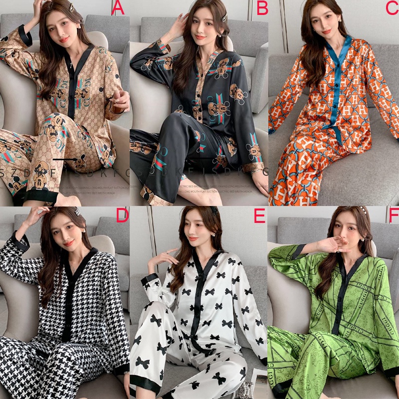 Korean Fashion Women Silk Satin Pyjamas Set Baju Tidur Female Long ...