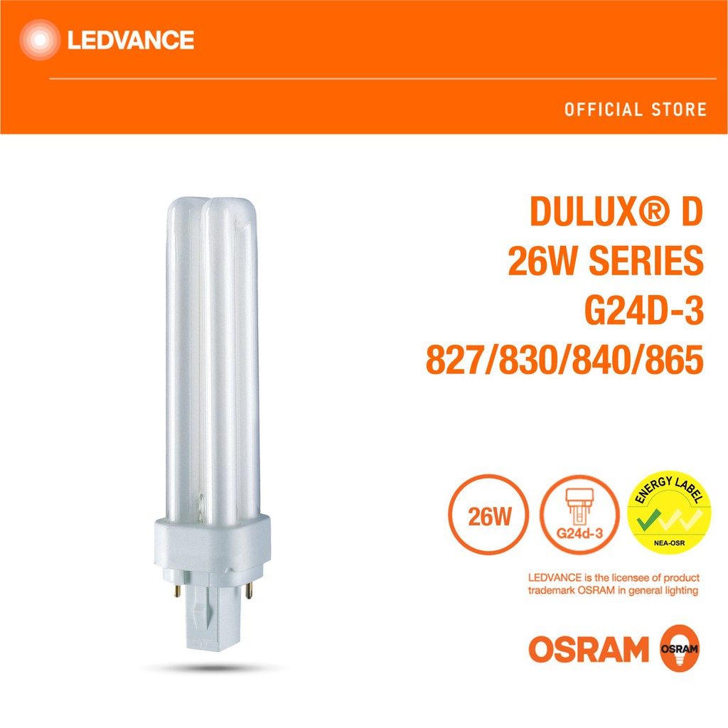 OSRAM Fluorescent DULUX® D 26W G24D PLC (2700K/3000K/4000K/6500K ...