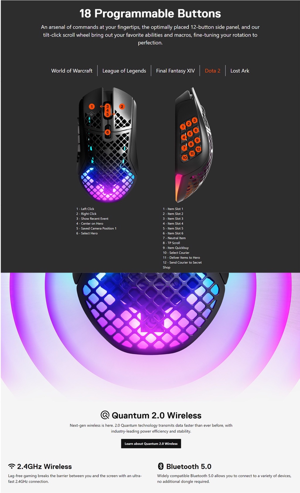 SteelSeries Aerox 9 Wireless RGB Ultra Lightweight MOBA 18 Programmable ...