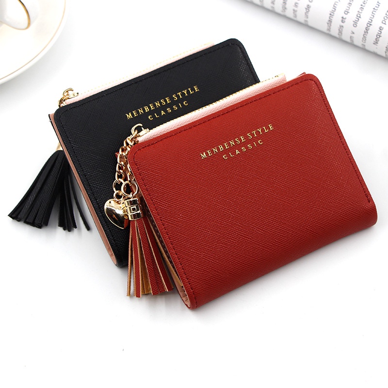 New Fashion Short Ladies Zipper Wallet Solid Color Tassel Simple Wild ...