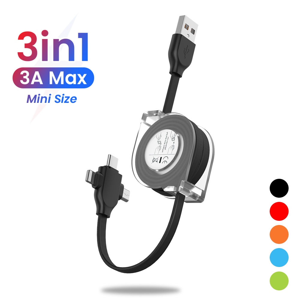 2M 3 In 1 USB Charge Cable Micro USB Type C Cable Retractable Portable ...