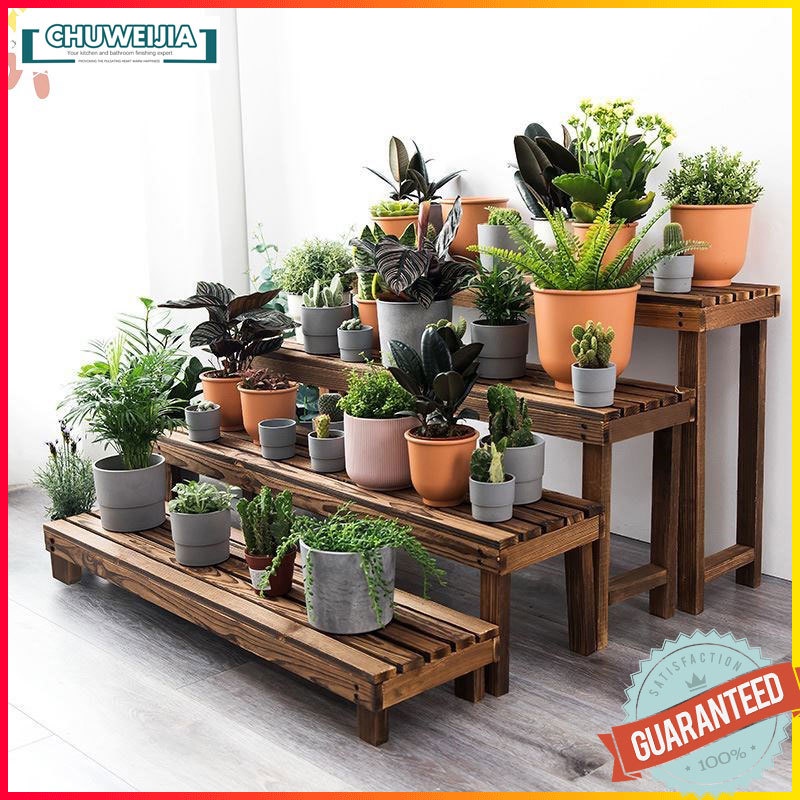 【Ready Stock】Flower Rack Solid Wood Plant Stand Indoor Outdoor Multiple ...