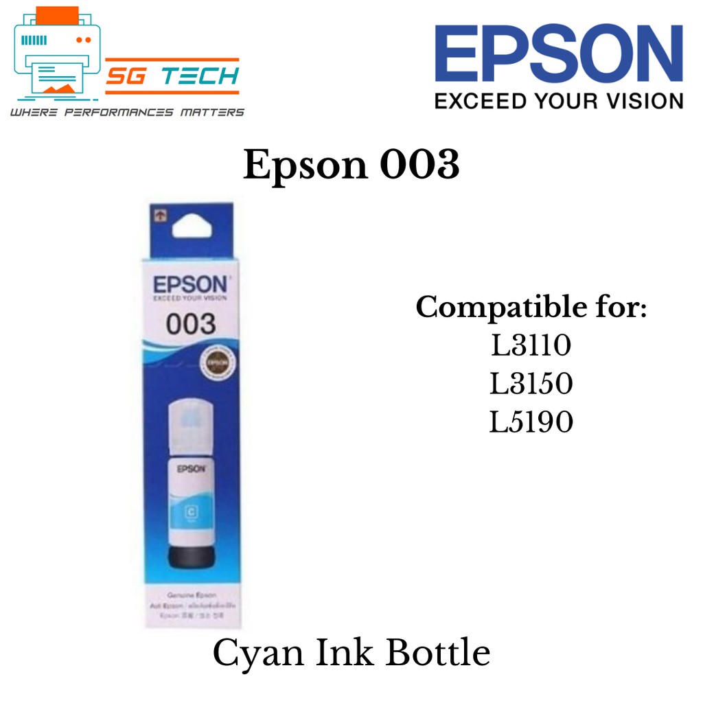 Epson Original 003 C13T00V200 Cyan Bottle Ink For L3110 L3150 L5190 ...