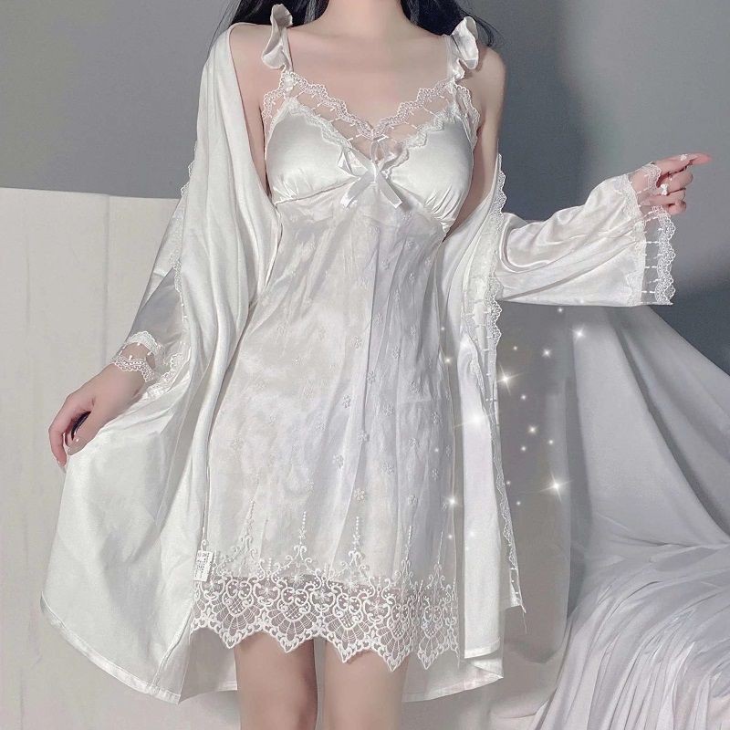 Sexy Ice Silk Pajamas Two Piece White Lace Suspenders Chest Pad