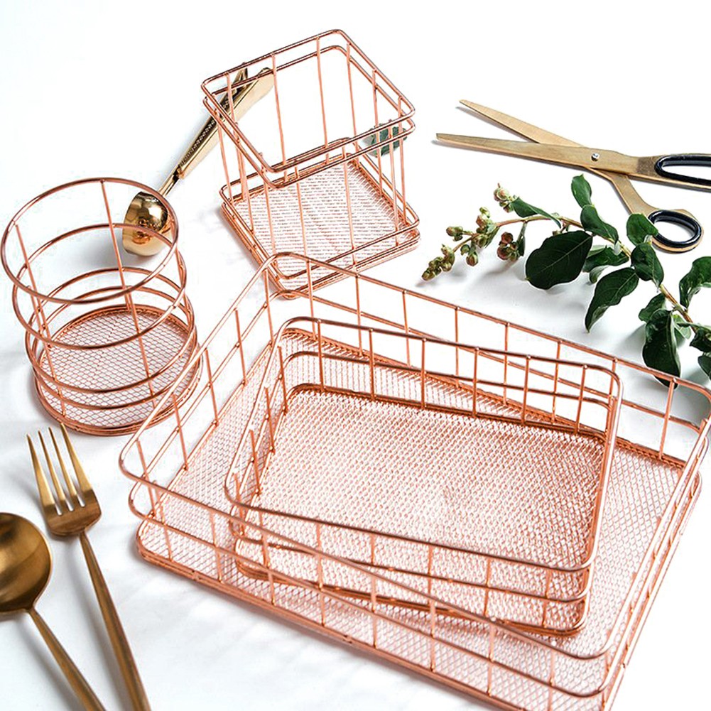 Rose Gold Iron Storage Basket Desktop Durable Holder Home Office Desk ...