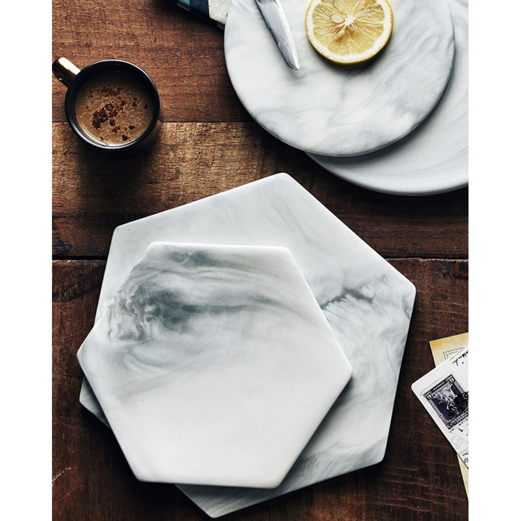 Premium White Marble Grain Ceramic Hexagon/Round Dessert Snack Plate ...