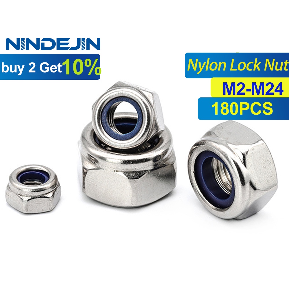 NINDEJIN Nylon Lock Nut Stainless Steel Hex Hexagon Locking Nut M2 M2.5 M3 M4 M5 M6 M8 M10 M12 ...