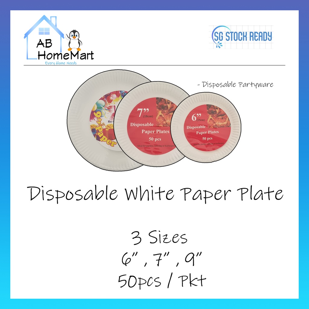 💯 [SG STOCK] 50pcs / Packet | Disposable round PAPER Plate, 6", 7", 9 ...