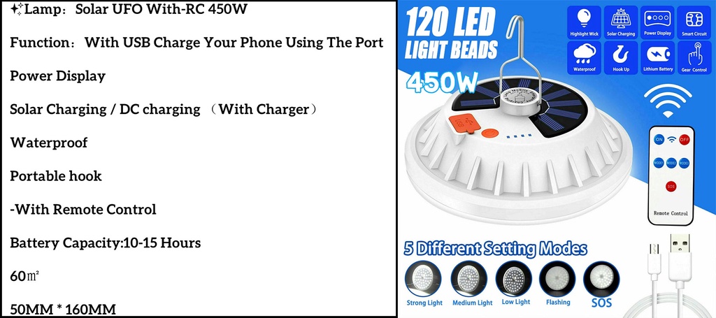 500W Solar Light Outdoor Camping Light With Remote Control USB Charger ...