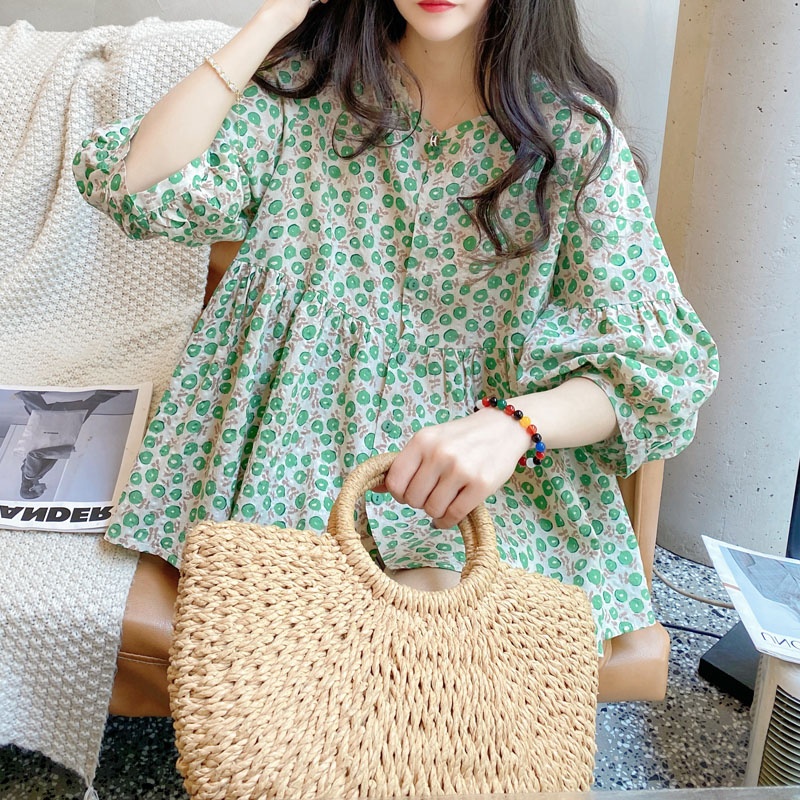 Korean Style Women Ladies Floral Loose Lantern Short Sleeve Shirt ...