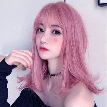 Wig Straight Hair Medium Length Wig Air Bangs Cute Pink Cosplay Wig Short Hair Wig | Shopee ...