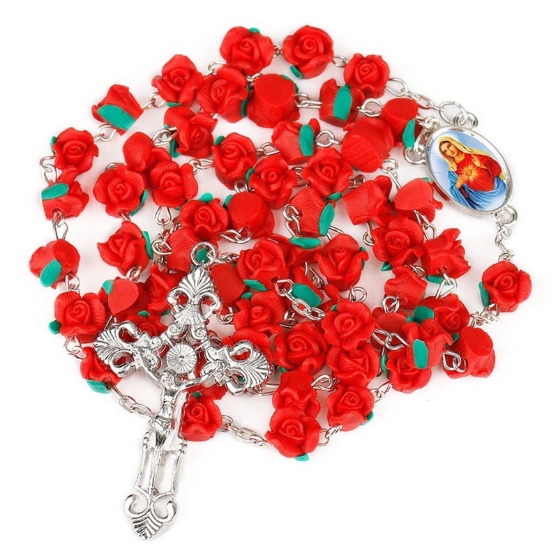 Catholic Rosary Bead Necklace Red Rose Pearl Cross Virgin Mary Chain ...