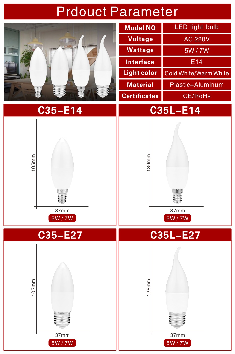 Got Liang 5W 7W LED Candle Bulb E14 E27 Led Light 220V-240V Led Lamp No Flicker Spotlight ...