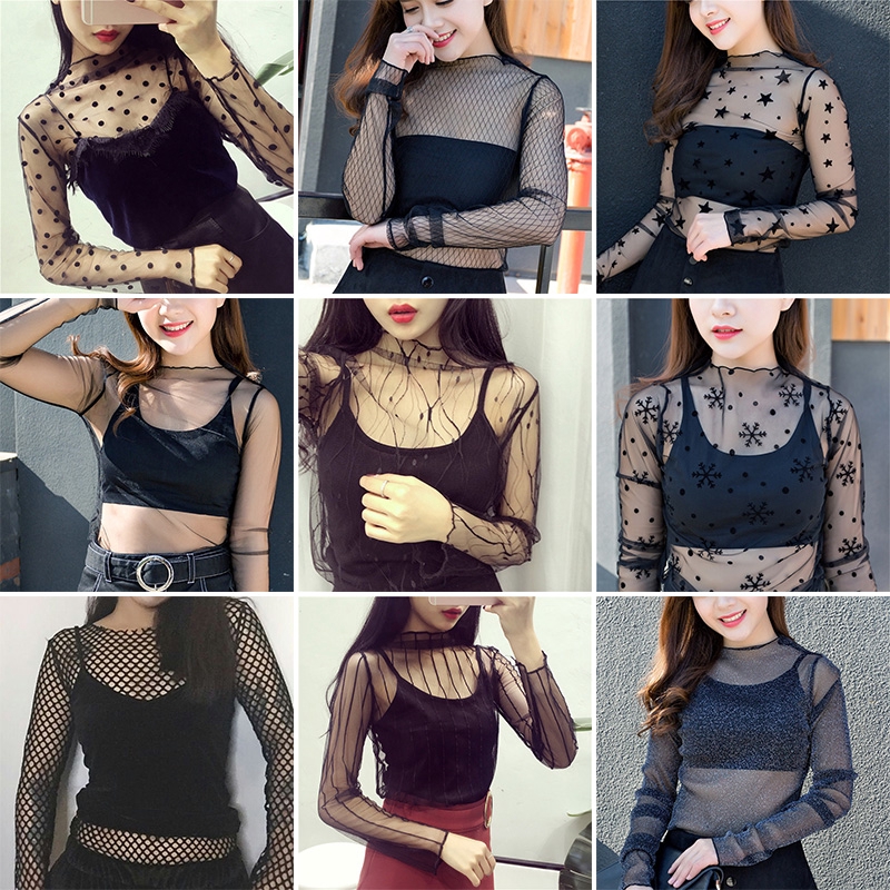 New T-Shirt Sexy Slim Pullover Sheer Black Women Transparent Blouse ...