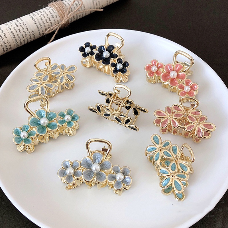 Vintage Flowers Hair Clamp Metal Pearl Medium Size Chic Fancy Hairpin ...