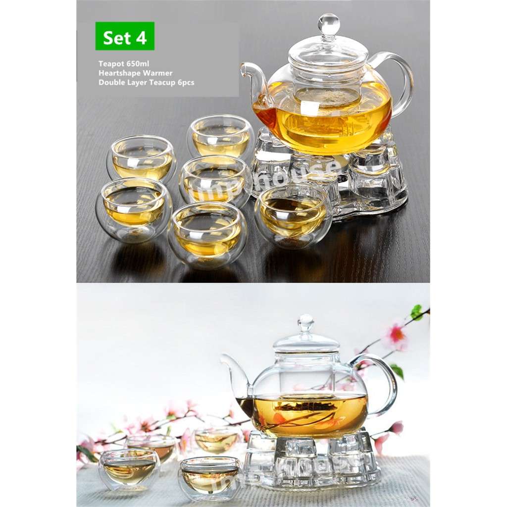 [SG] IMP HOUSE Borosilicate Glass Teapot with 6 teacups and warmer ...