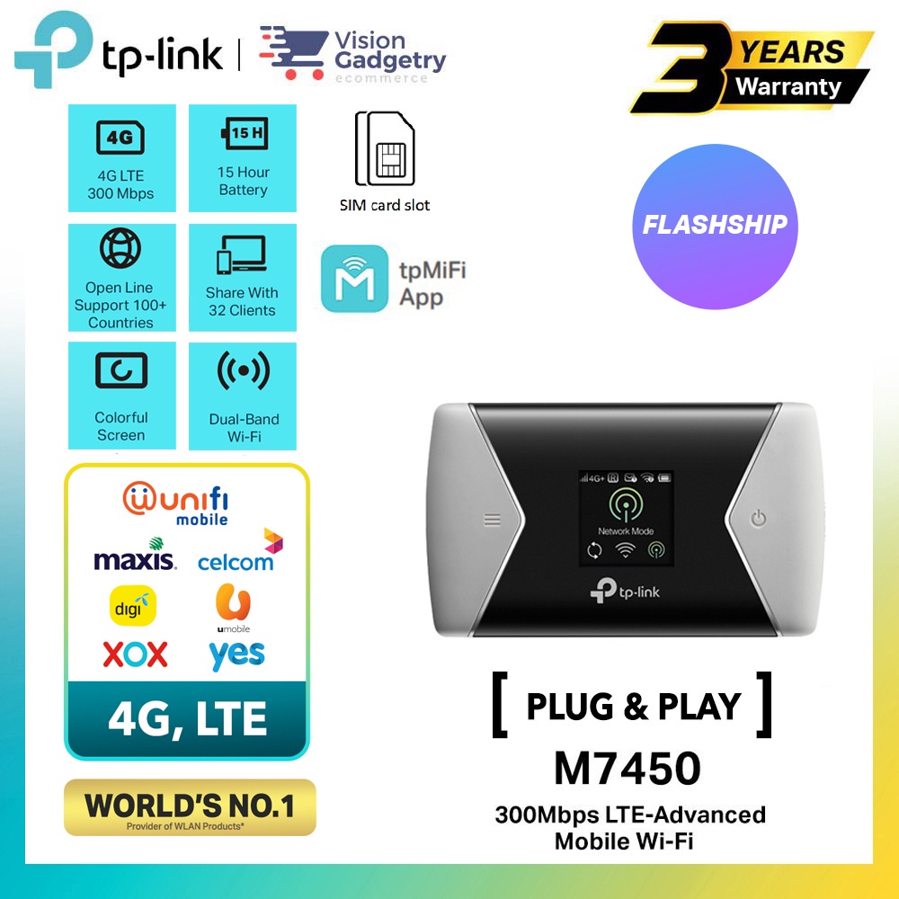 TP-Link M7450 Sim Card Mobile Mifi WiFi Router 4G LTE Advanced 300Mbps ...