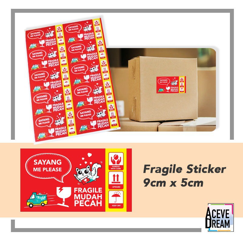 100 Pieces ACEVE Cat 9 x 5 cm Fragile Sticker Adhesive Handle With Care ...