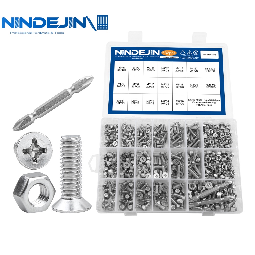 NINDEJIN Flat Head Screw Set M4-M8 304 Stainless Steel Countersunk Flat Head Machine Screw Nut ...