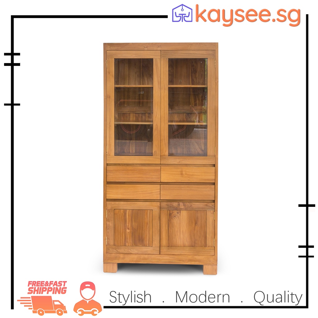 kaysee|Marianne Teak Wood Glass Display Cabinet with 2 Doors 4 Drawers ...