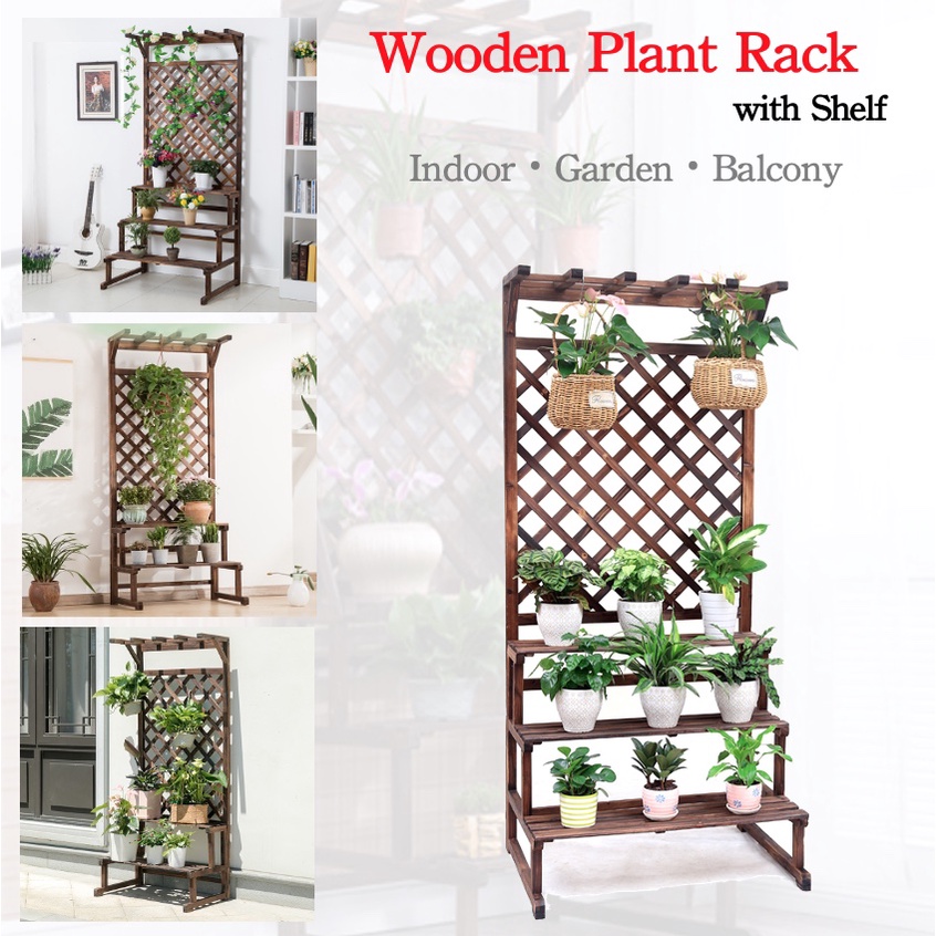 [Local Stock]Wooden Plant Rack Rack Outdoor Planter Rack Rain Sun Wood ...