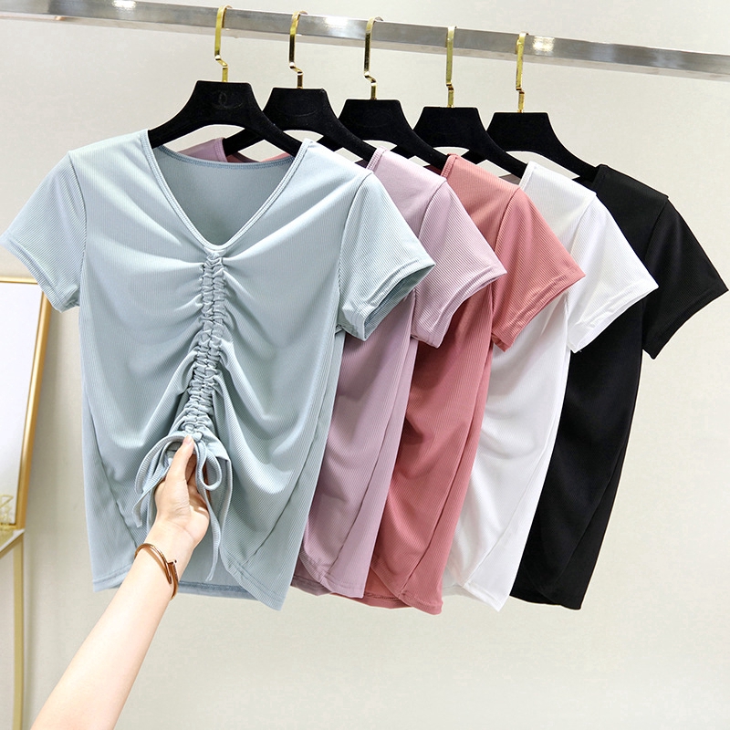 Ready Stock Women Drawstring T shirt Summer Short Sleeves V-neck Thread ...