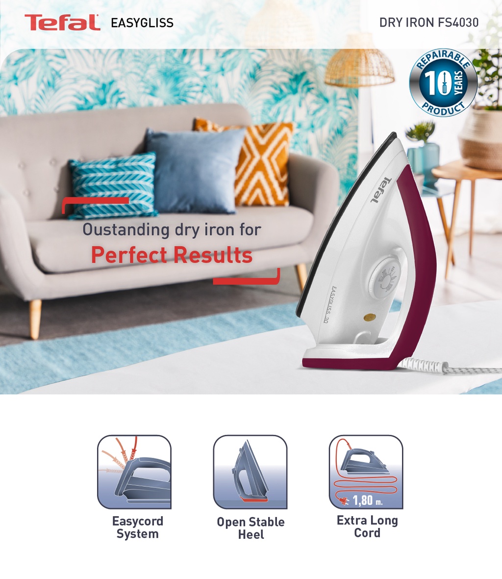 Tefal Durilium Technology Soleplate Easygliss Dry Iron 1.8m 1200W FS4030 – Precise Temperature ...