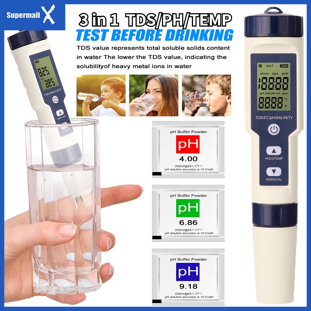 3 in 1 TDS PH TEMP Water Quality Tester Multiparameter Combo Salinity ...
