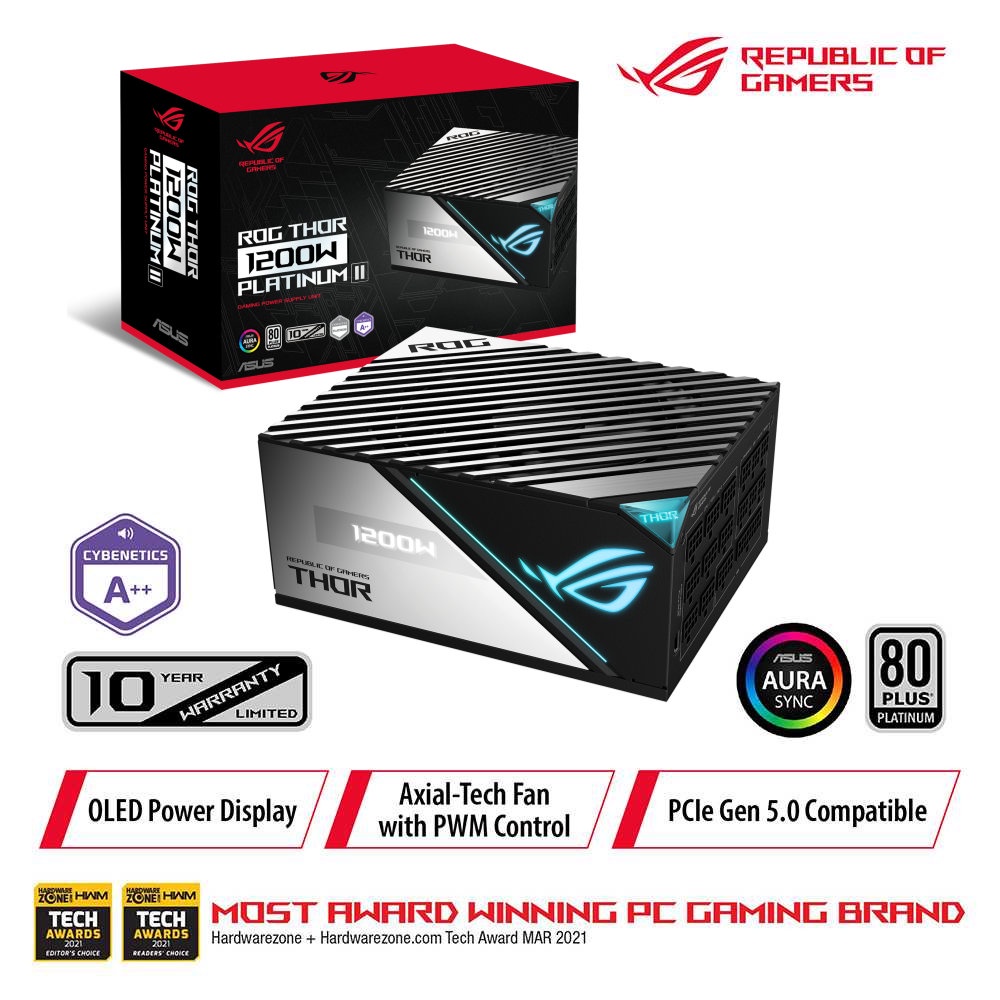 ASUS ROG Thor 1200W Platinum II Gaming Power Supply - 80+ Platinum, 135mm Axial-tech fan with ...
