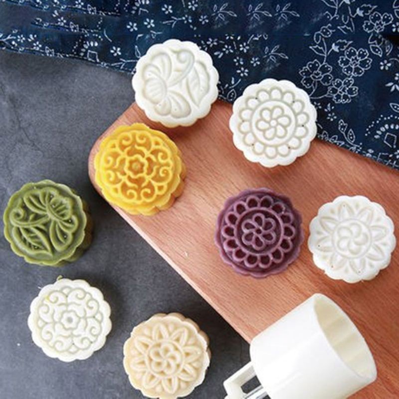 be 100g Mooncake Mold 4 Flowers Stamps Round Barrel Hand Press Moon ...