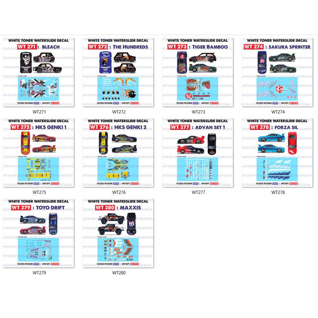 WT271 TO WT280 WHITE TONER DECAL FOR HOT WHEELS AND DIECAST SCALE 1/64 ...