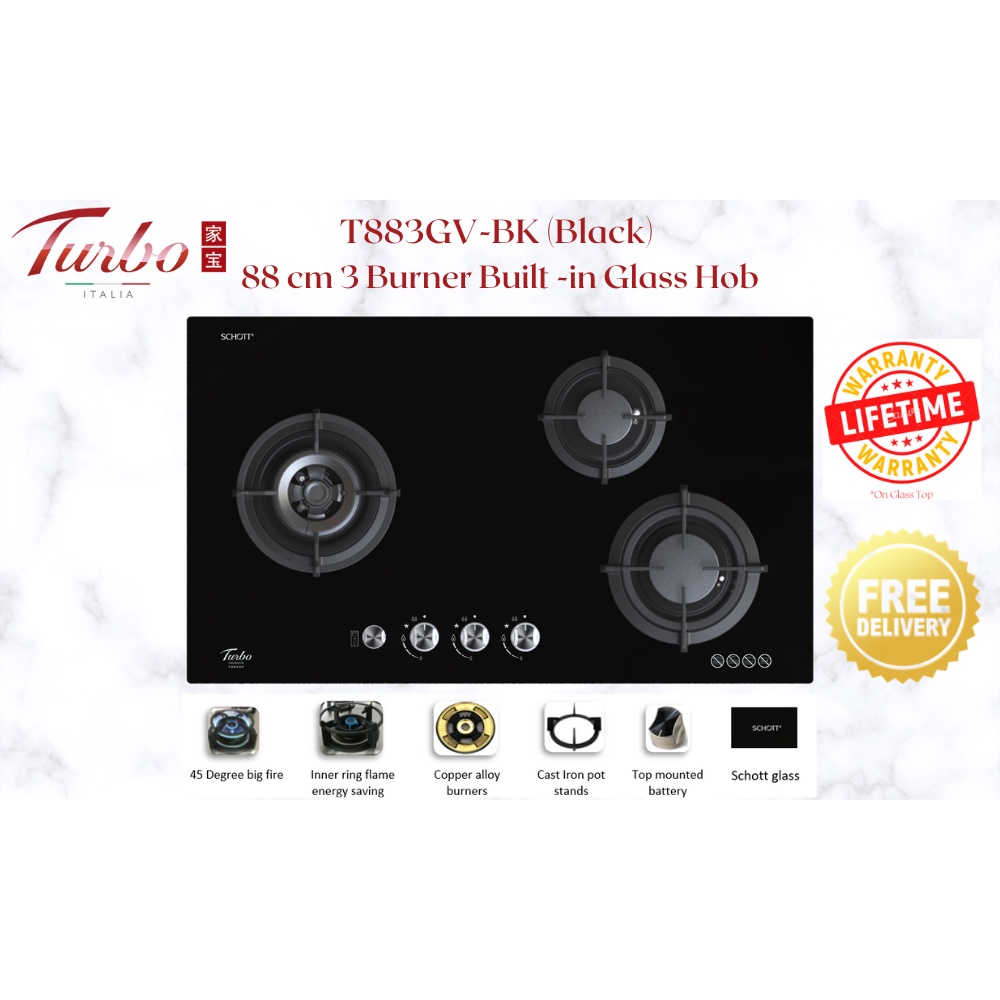 Turbo Italia - Turbo Incanto T883GV-BK 88cm 3 burners built-in glass hob | Shopee Singapore
