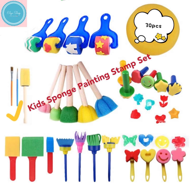【Ready Stock in SG】30/64pcs DIY Kids Sponge Brush Painting Stamp Set Paint Toys Crafts Kits ...
