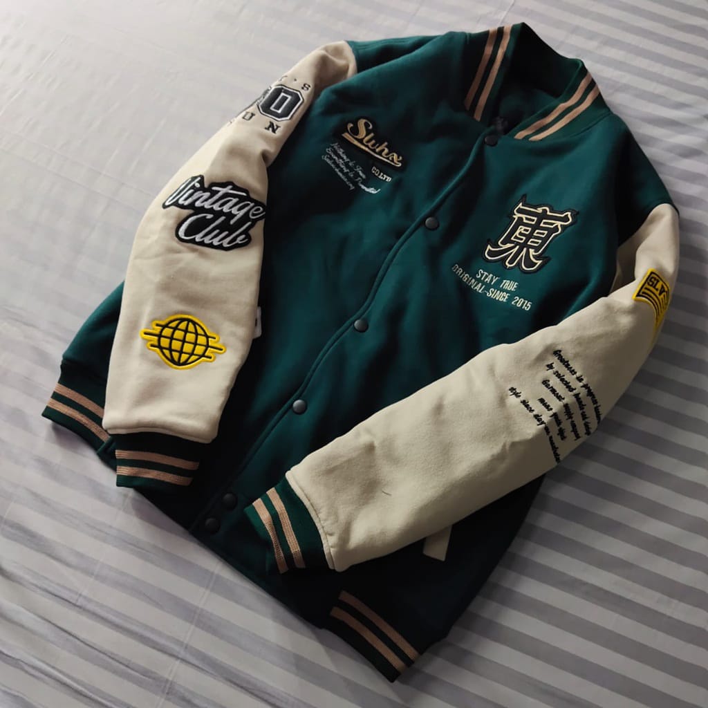 Hijau Embroidery Varsity Baseball Jacket Green Full Print Unisex Men