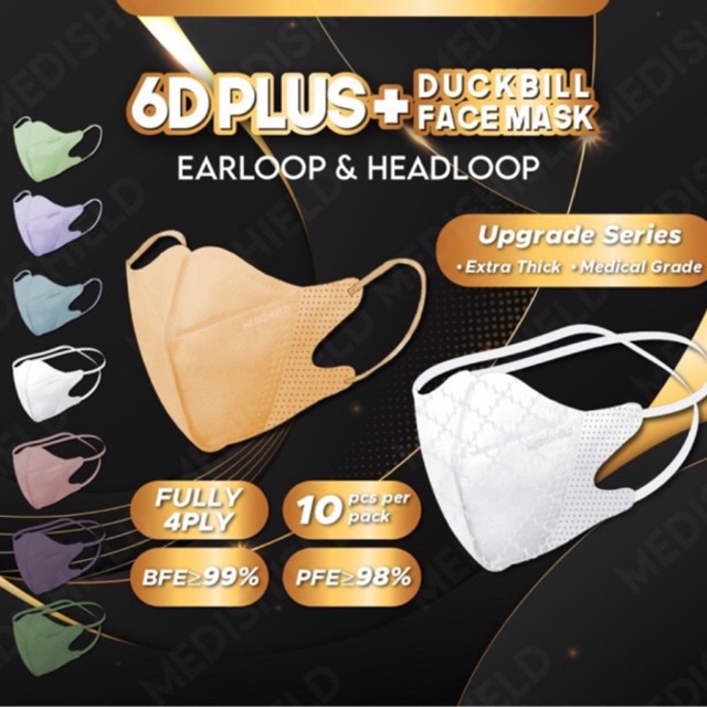 MEDISHIELD 6D PLUS DUCKBILL MASK EARLOOP 10pcs/Pack Medical 4Ply Adult ...