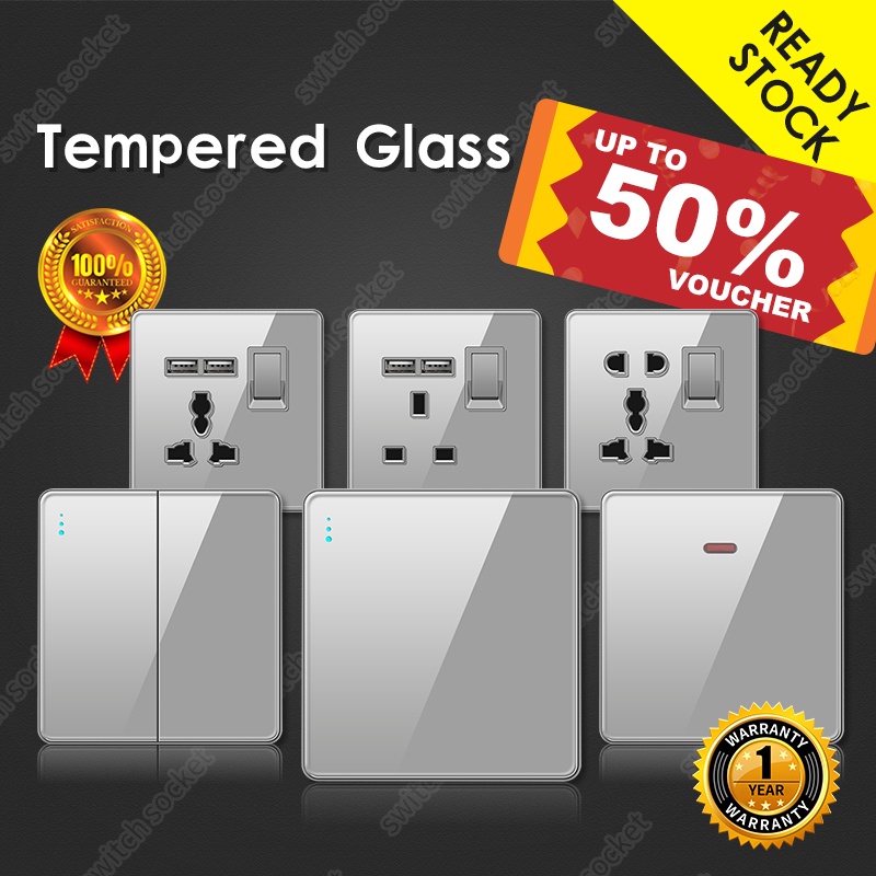 🔥Buy 2-6%🔥Ready stock-2.5D Tempered glass wall socket light switch led ...