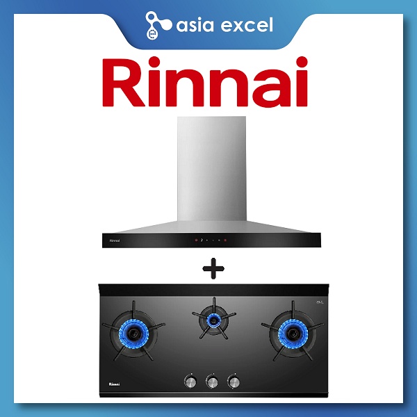 RINNAI RH-C2859-SSW 90CM CHIMNEY HOOD + RINNAI RB-3CGN 3 BURNER INNER FLAME GLASS GAS HOB ...