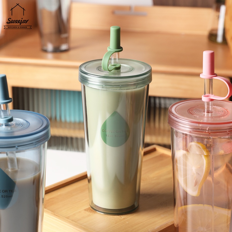 SWEEJAR Double Layer Straw Cup 520ML Cold Insulation Food Grade AS ...